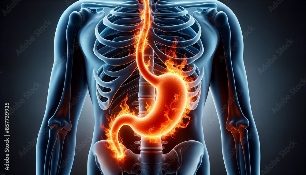 X-ray illustration shows a human torso with a highlighted stomach ...