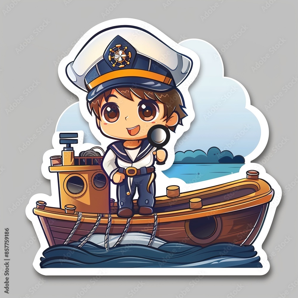 sticker logo of Chibi Sailor with a captain's hat, standing on a ship ...