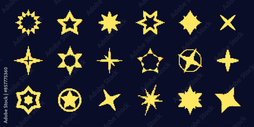8bit pixel star icon set. Bright yellow sparkle symbol collection. Sparkling stars, glitter ...