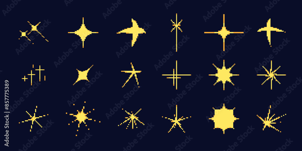 8bit pixel star icon set. Bright yellow sparkle symbol collection. Sparkling stars, glitter ...
