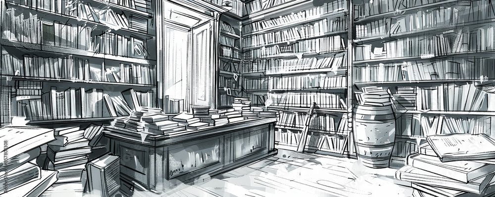 A detailed sketch of a cozy bookstore with shelves stacked high with ...