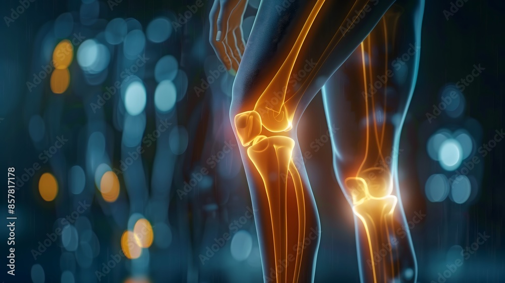 Knee - A glowing X-ray of a knee showing highlighted joints and bones ...