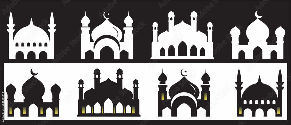 Print, set ikon masjid. ikon vektor ikon masjid, Black mosque emblem ...