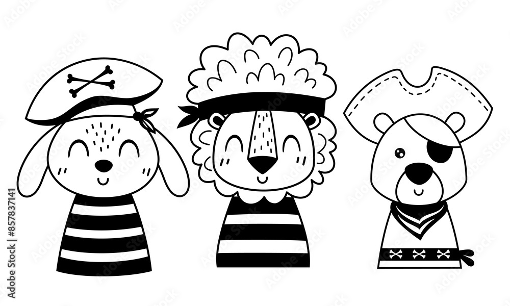 Black and white pirate clipart. Pirate animal faces clipart. Pirate ...