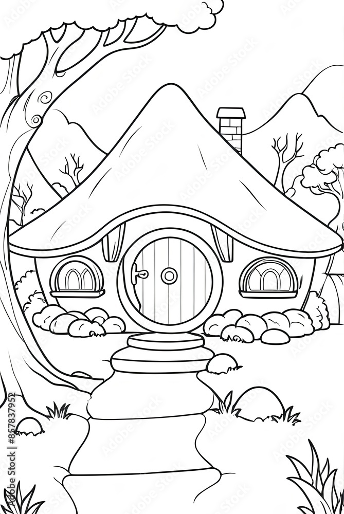 Fantasy hobbit house Kids /adults coloring page book, line art ...