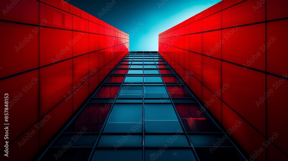 Modern red architecture with glass facade at twilight, featuring ...