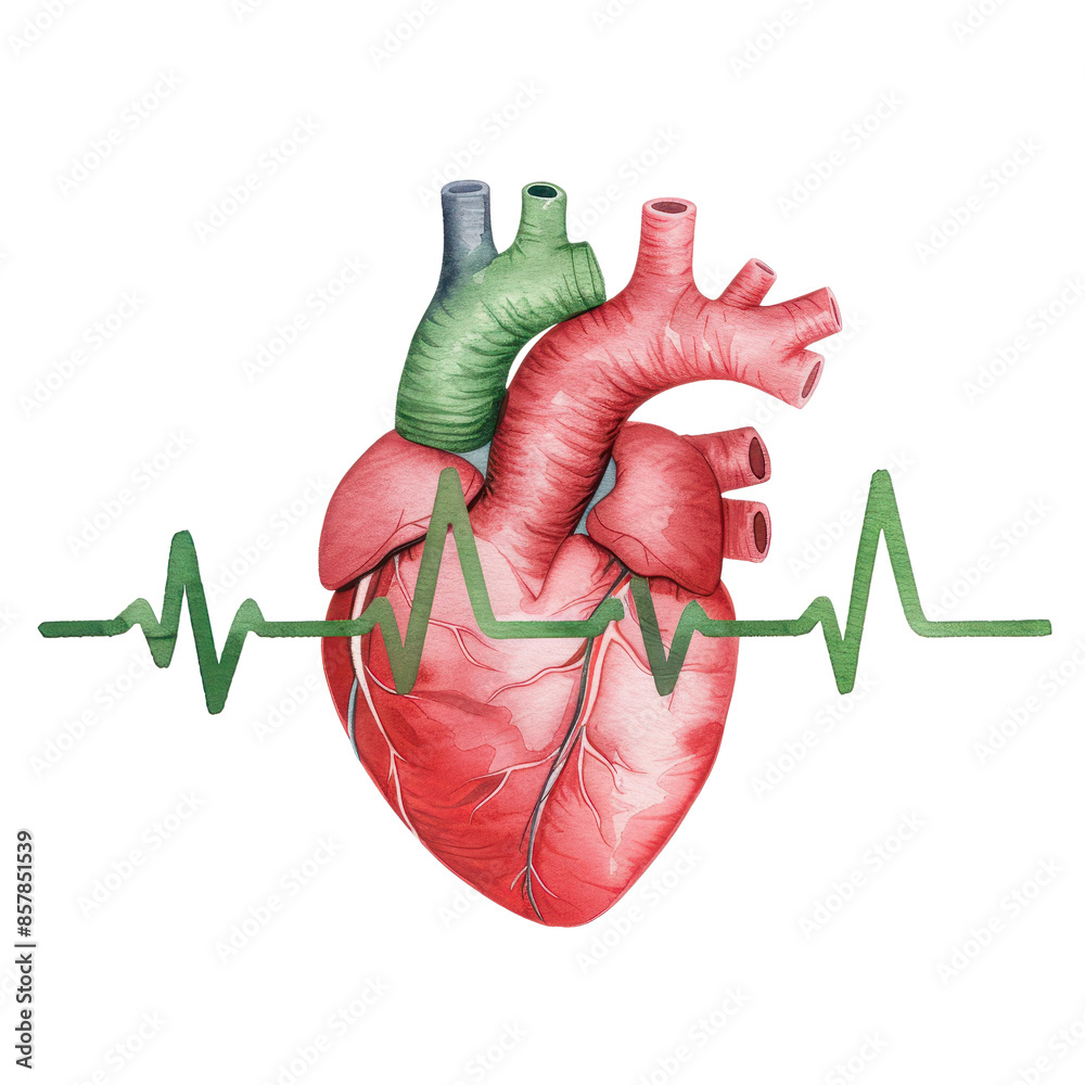 Detailed anatomical illustration of the human heart with ECG lines ...