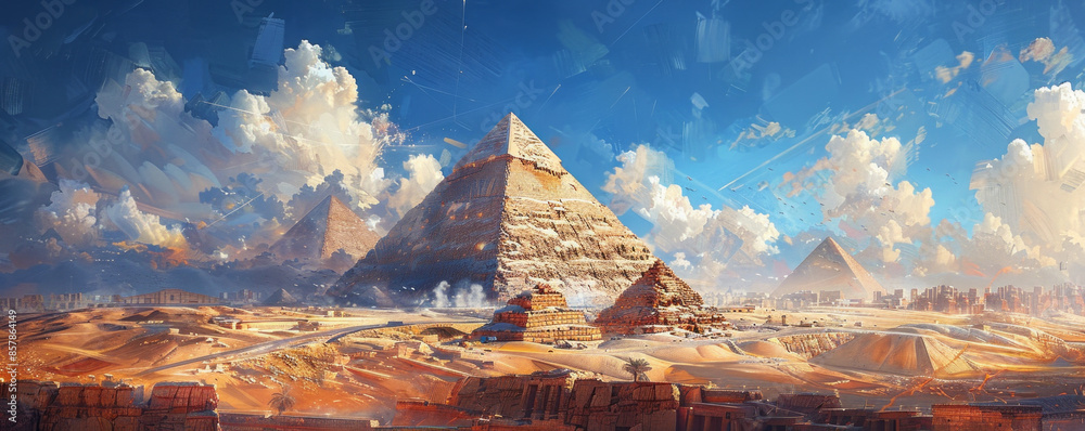 A painting of the Great Pyramid of Giza, its towering structure a ...