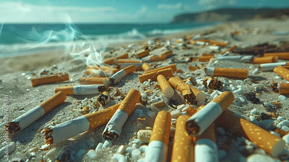 Cigarette Litter on Summer Beach, A crowded summer beach with cigarette ...