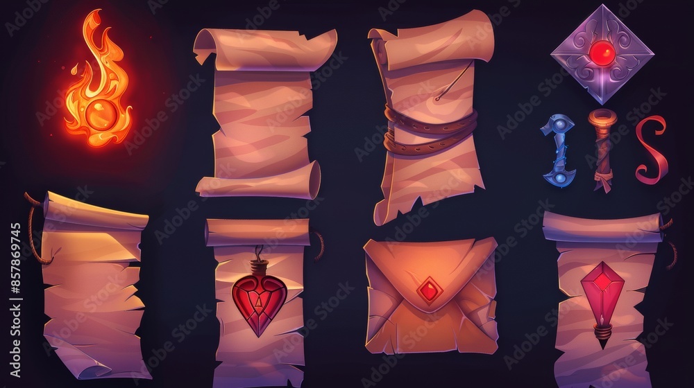 Magic scroll parchment and wizard book UI icons for games. Fantasy ...