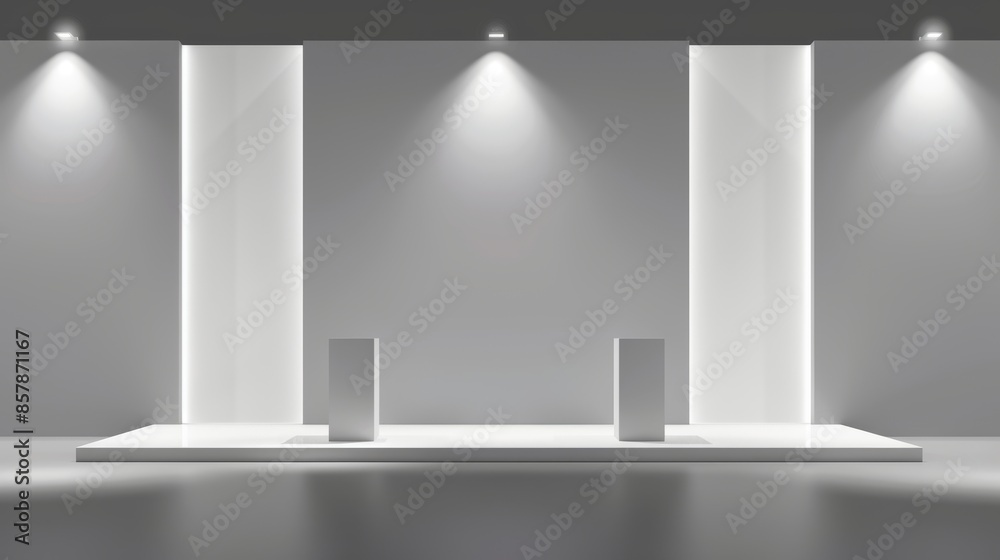 Tradeshow display design with a white 3D stand. Exhibition event design ...