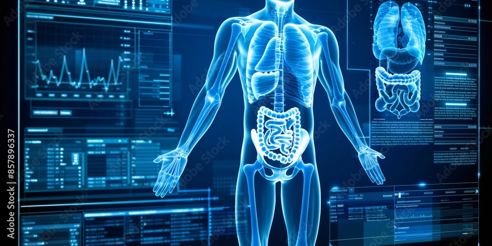High-tech medical hologram displaying human anatomical structure with ...
