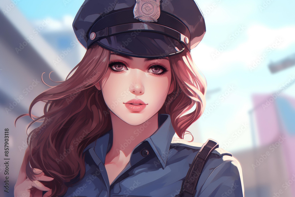 A stunning cartoon image of a sexy cop girl in anime style, with ...