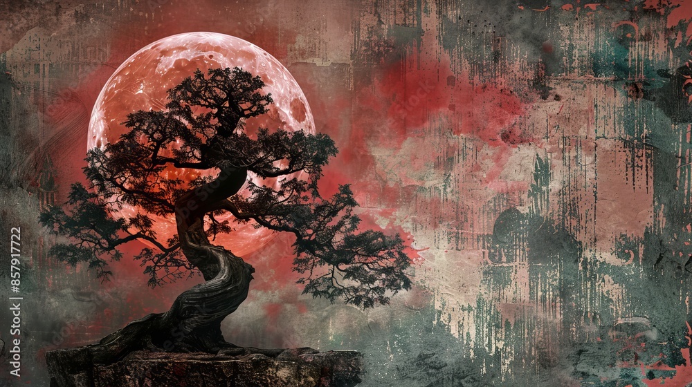 Bonsai tree with a ruby moon backdrop, distressed texture, designed as ...