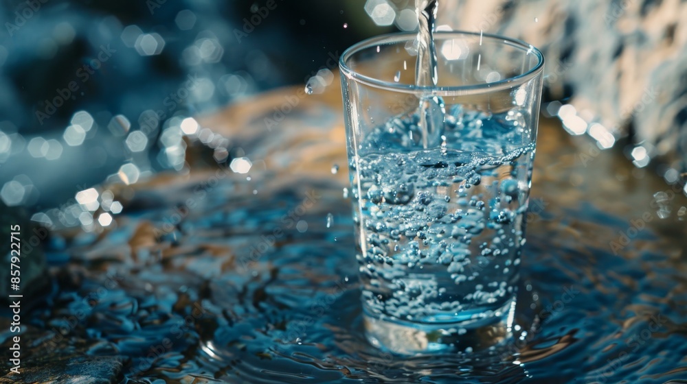 Pouring fresh natural spring mineral water into a glass, showcasing ...