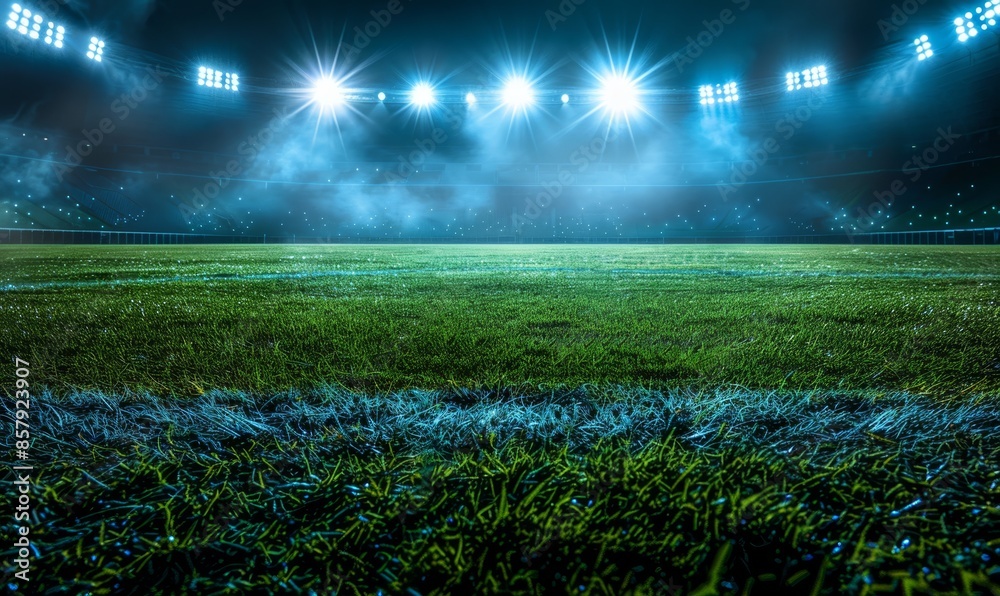 Spectacular sport stadium with glowing floodlights and empty green ...