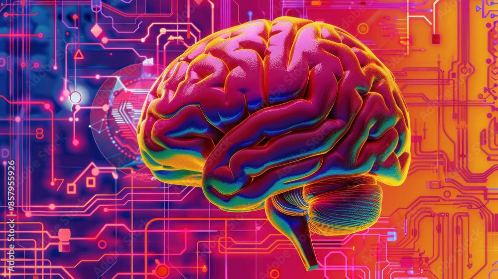 Digital brain in colour background with circuit board. Futuristic neural network connection in ...