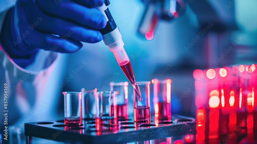 Scientist hand holding test tube with blood sample. Microscopic leap ...
