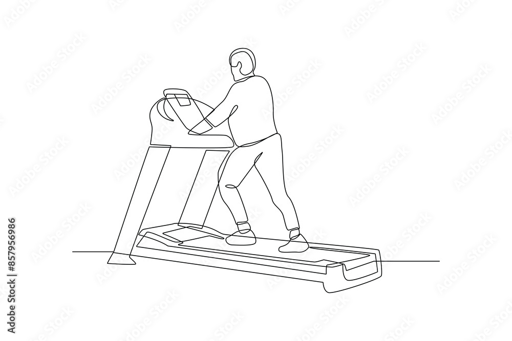 One continuous line drawing of people running on treadmill sport center ...