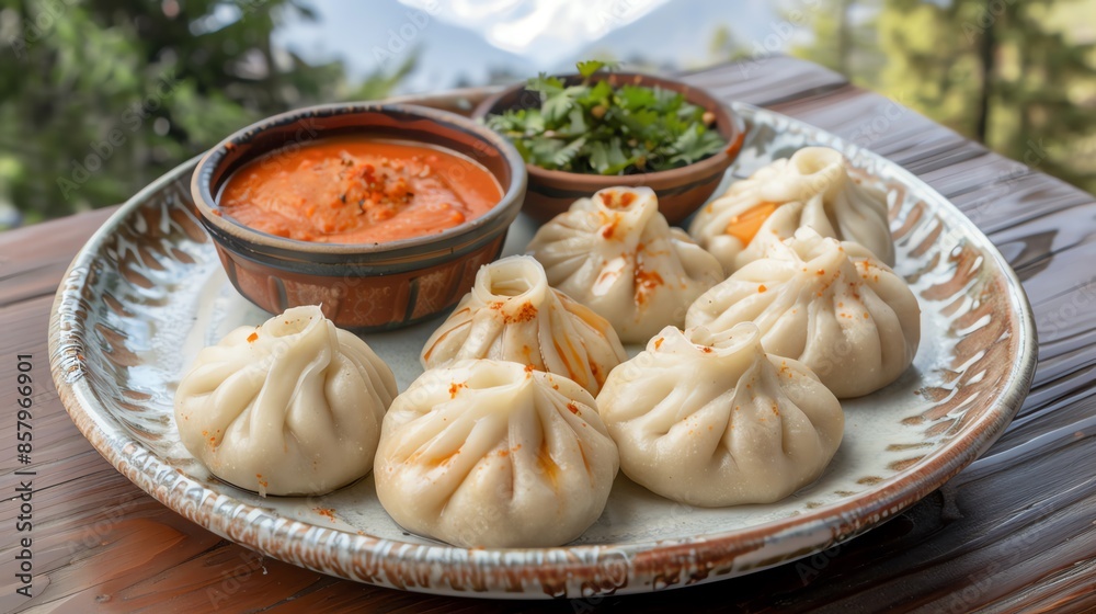 A serving of Nepalese momos with steamed dumplings filled with ...