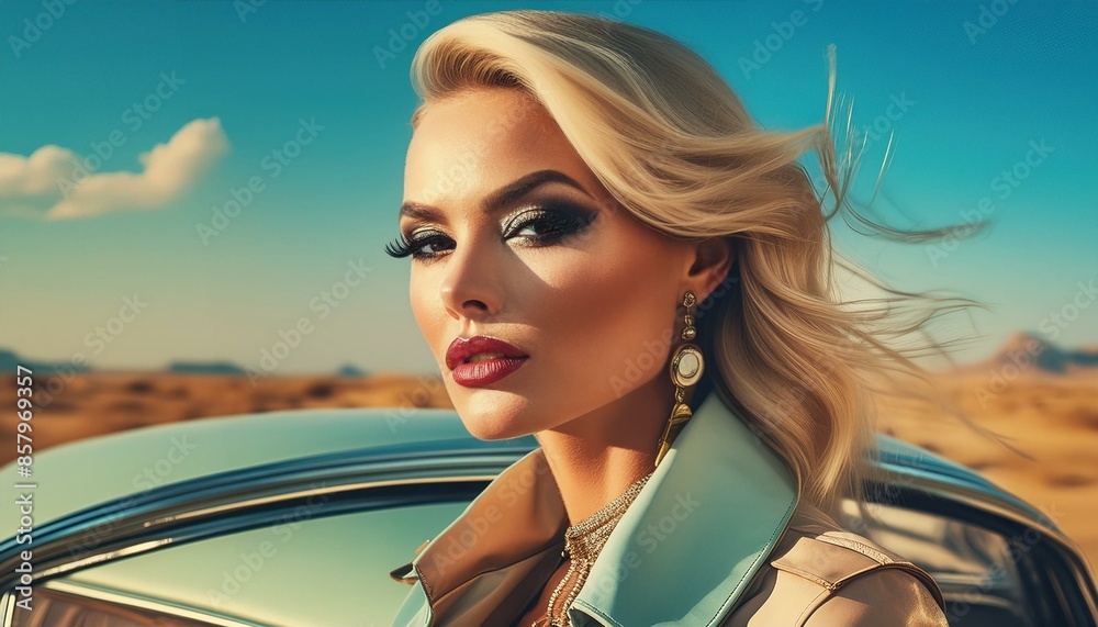 vintage retro pop art woman with red lips and nails; beauty, fashion ...