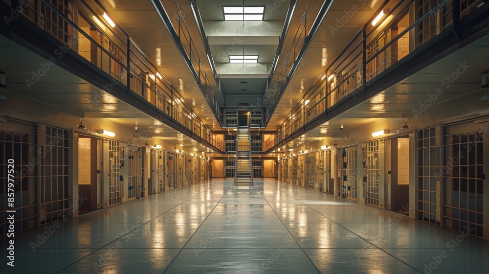 A wide-angle view of a modern prison corridor, lined with multiple ...