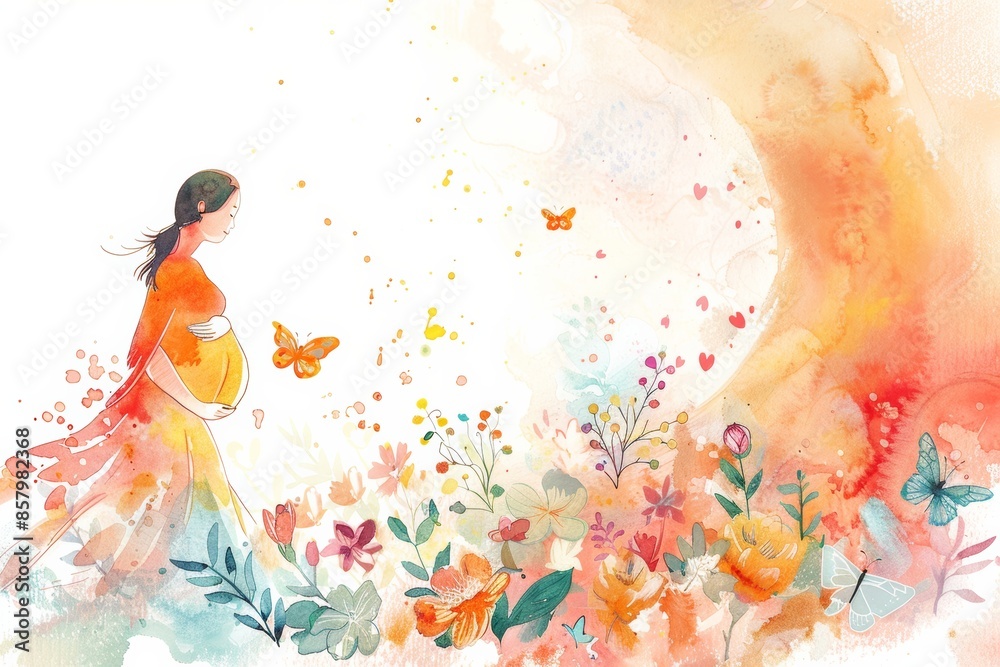 beauty of pregnancy watercolor illustration, mother to be growing belly ...