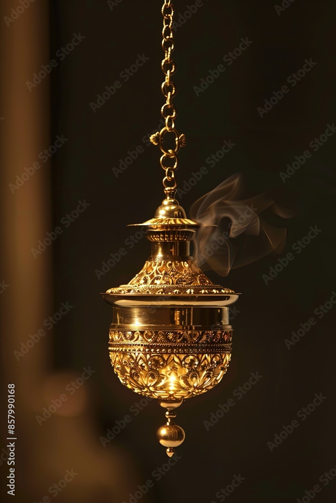 Gold thurible with elaborate Corinthian design swinging. Symbol of ...