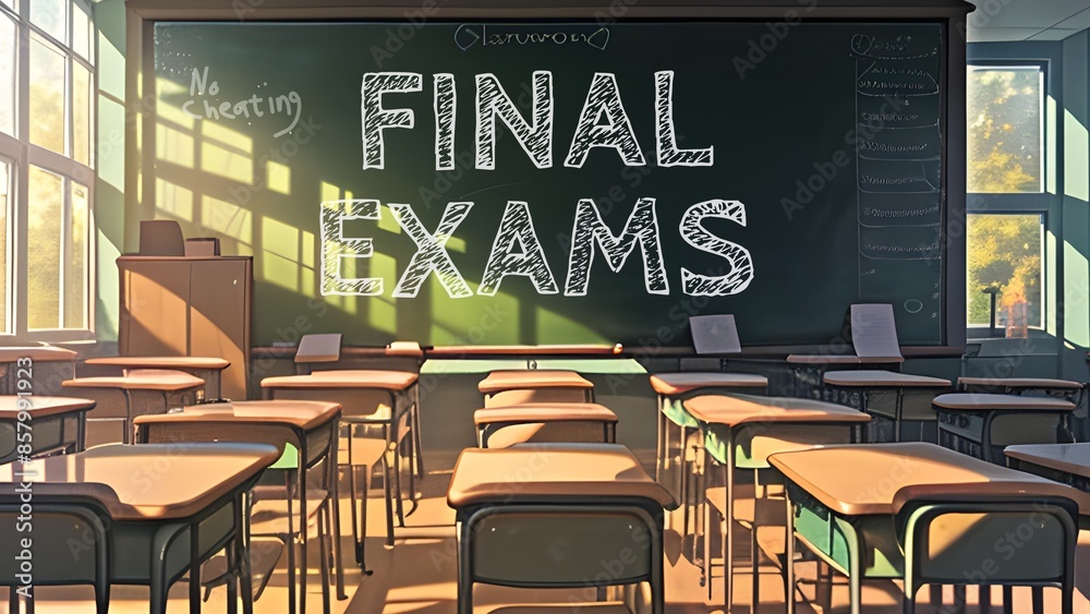 illustration of a classroom with a blackboard bearing the messages ...