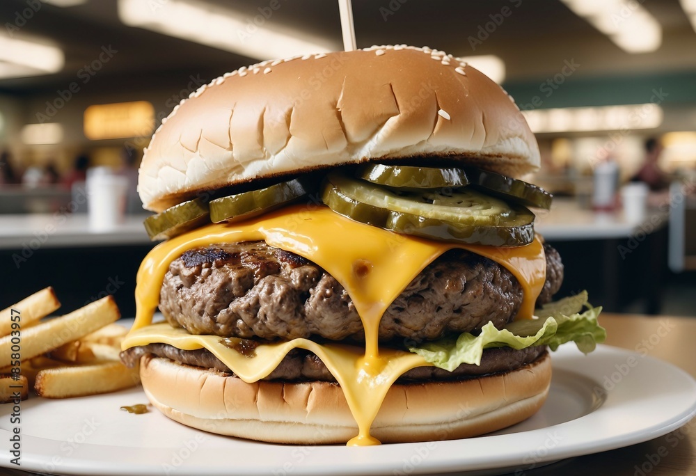double patty cheese hamburger in the mall food court, copy space for ...