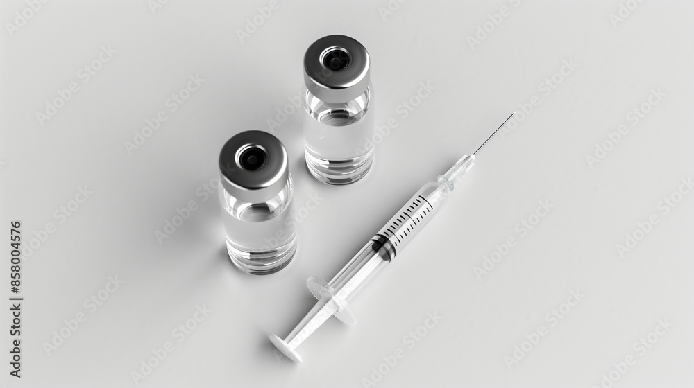 Two empty vials lying on a white background, shot at a 30-degree angle ...