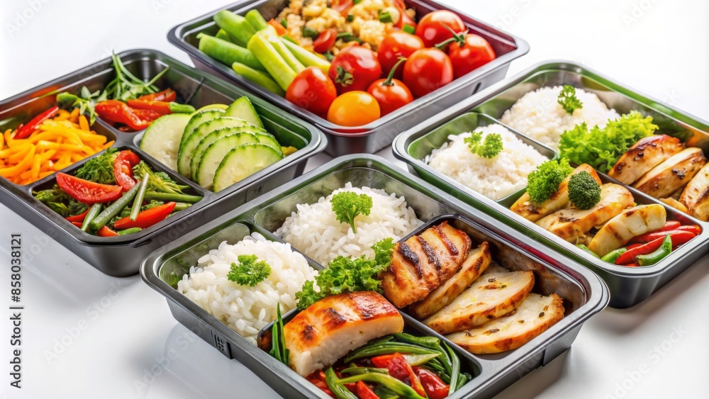 Colorful arrangement of modern thai food lunch boxes in plastic ...