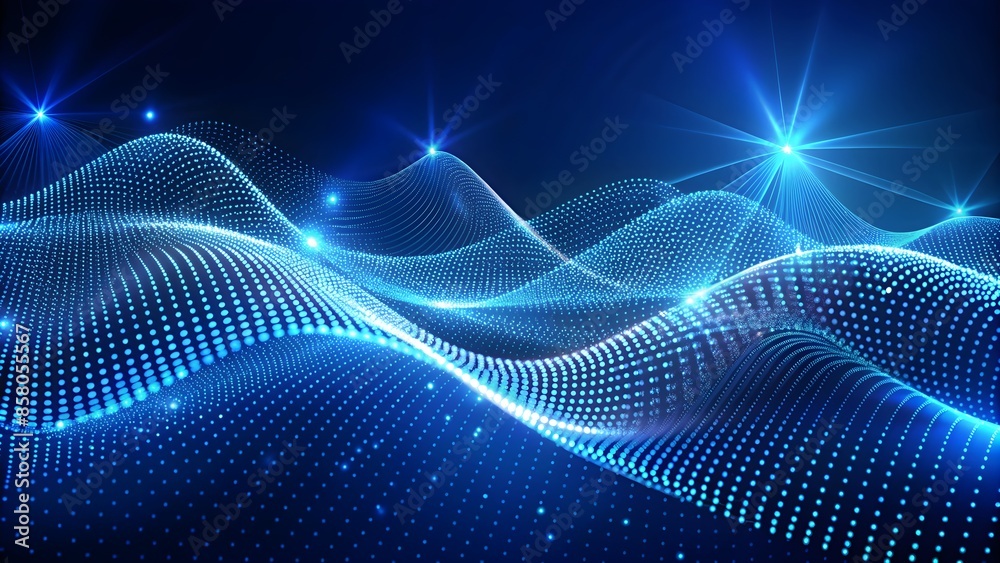 Abstract blue tech background with digital waves, dynamic network system, artificial neural ...