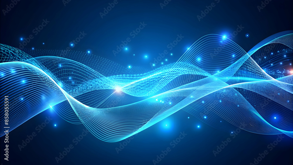 Abstract blue tech background with digital waves, dynamic network system, artificial neural ...
