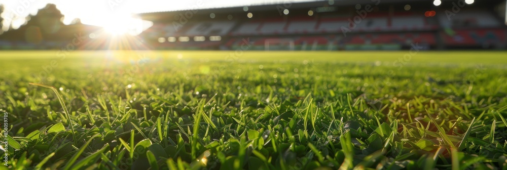 Viewed from the grass level, the football field's lush green turf and ...