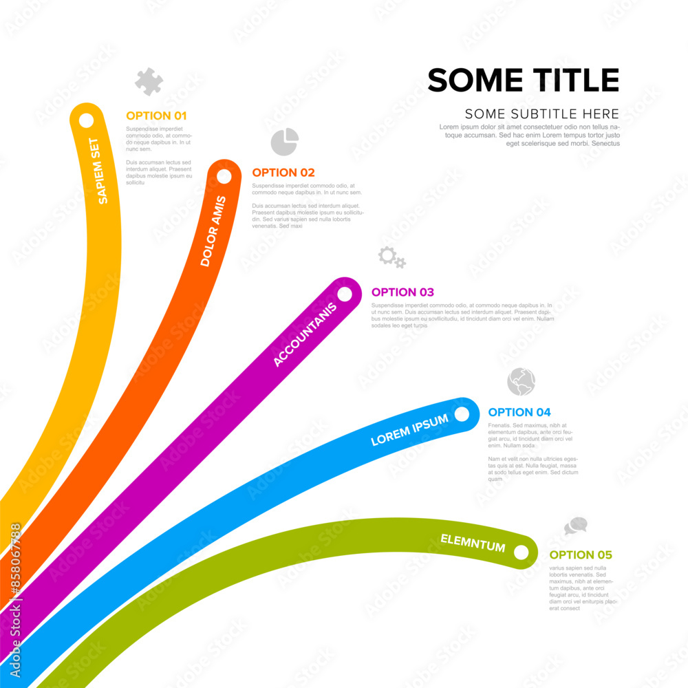 Simple diagonal infographic with title and five arrows pointing on ...