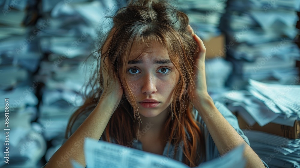 A visibly stressed woman appears overwhelmed, sitting among piles of ...
