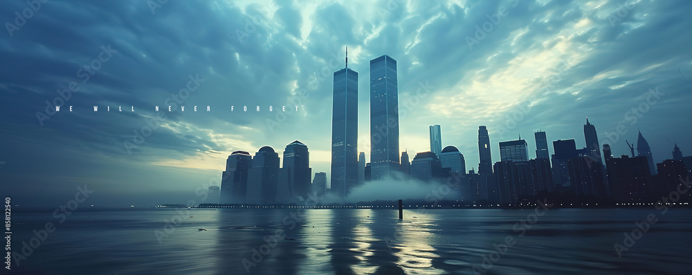 NYC skyline with Twin Towers and text: We will never forget Stock Photo ...