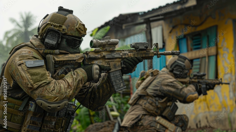 Soldiers in tactical gear aiming rifles in an urban combat zone ...
