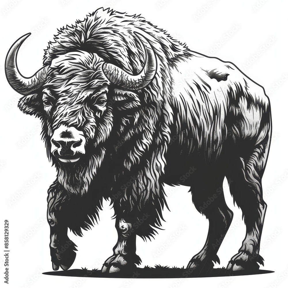 black and white bull, bizon, illustration, drawing, engraving, ink ...