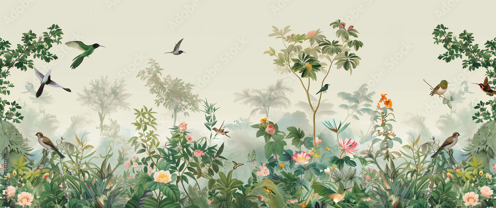 Large Exotic Garden Wallpaper with Lush Greenery and Colorful Flowers ...