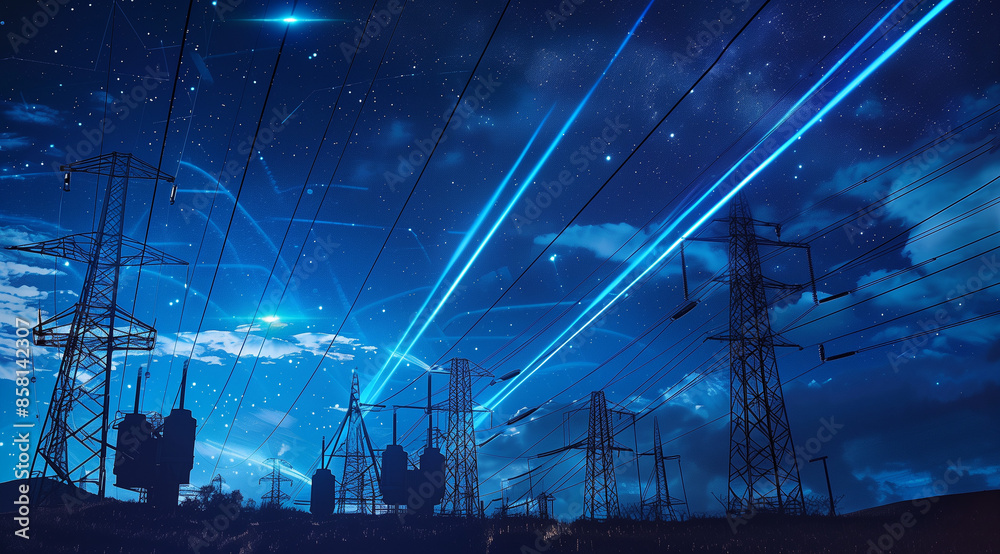 Electric power grid with blue laser beams shooting into night sky ...