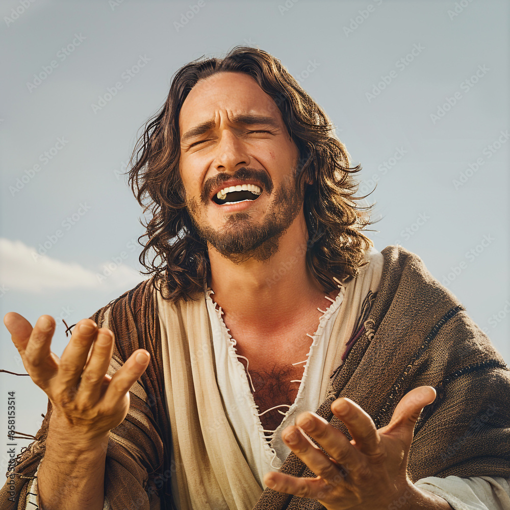 Jesus Christ, emotionally explaining something, sermon. Isolated on a ...