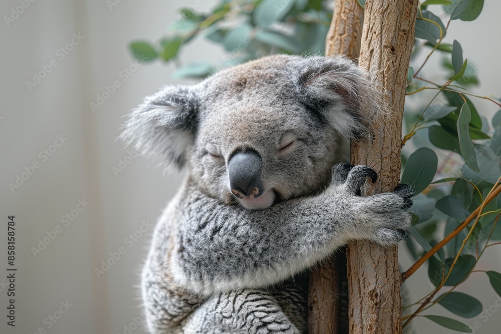 A sleepy koala bear hugging the trunk of a eucalyptus tree, with its ...