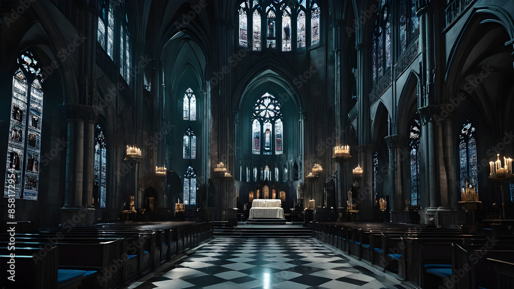 an image of a Gothic cathedral interior. The church is dark and cavernous, with tall columns and ...