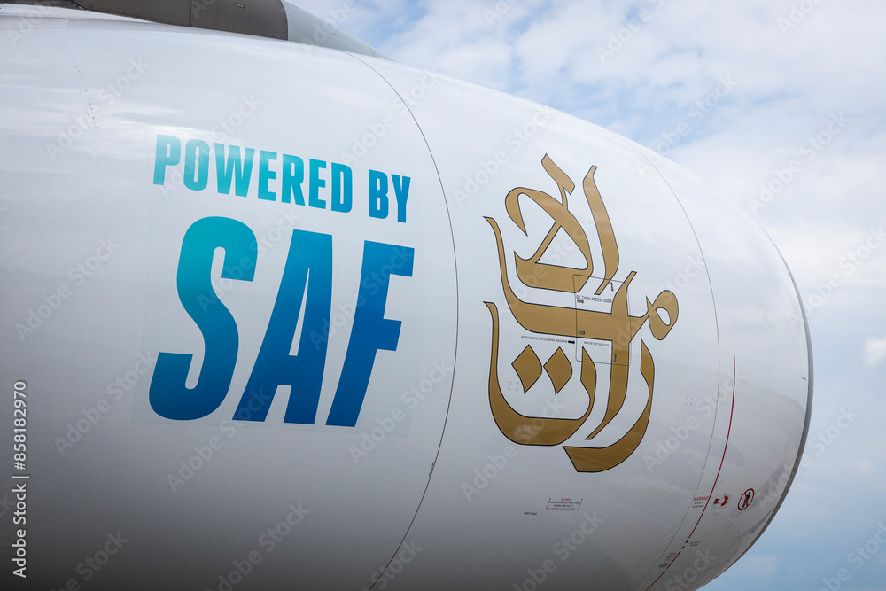 Emirates Airlines A380 jet engine with SAF logo. Sustainable Aviation ...