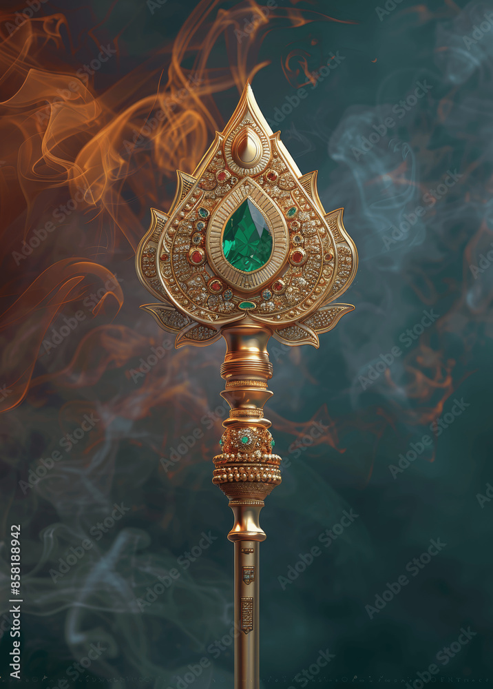 Golden Scepter with India-Shaped Emerald on Top, Smoke Background, High ...