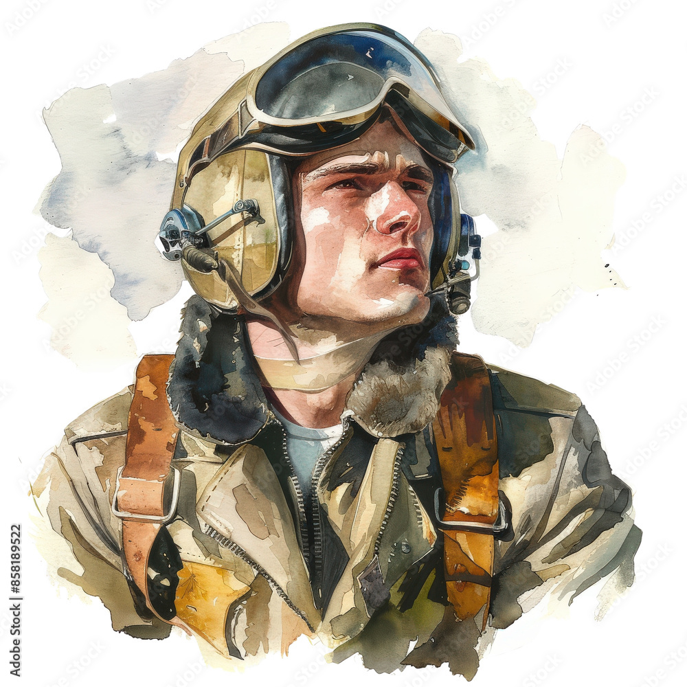 Watercolor painting of a WW2 pilot in vintage gear and aviator goggles ...