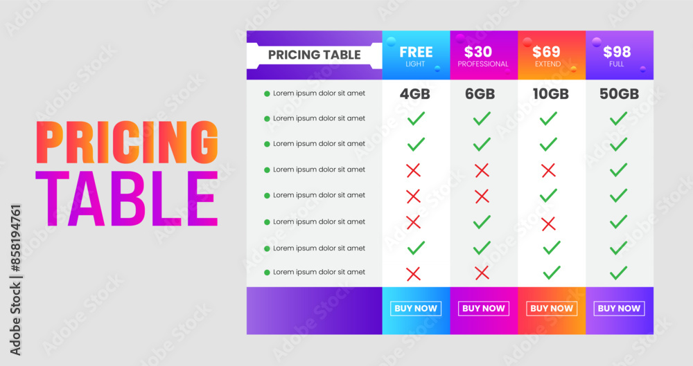 Corporate Pricing plans comparison table. Business product price chart ...