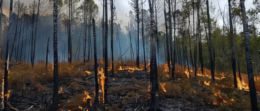 burned fire trees in the forest, with sunlight filtering through fog ...
